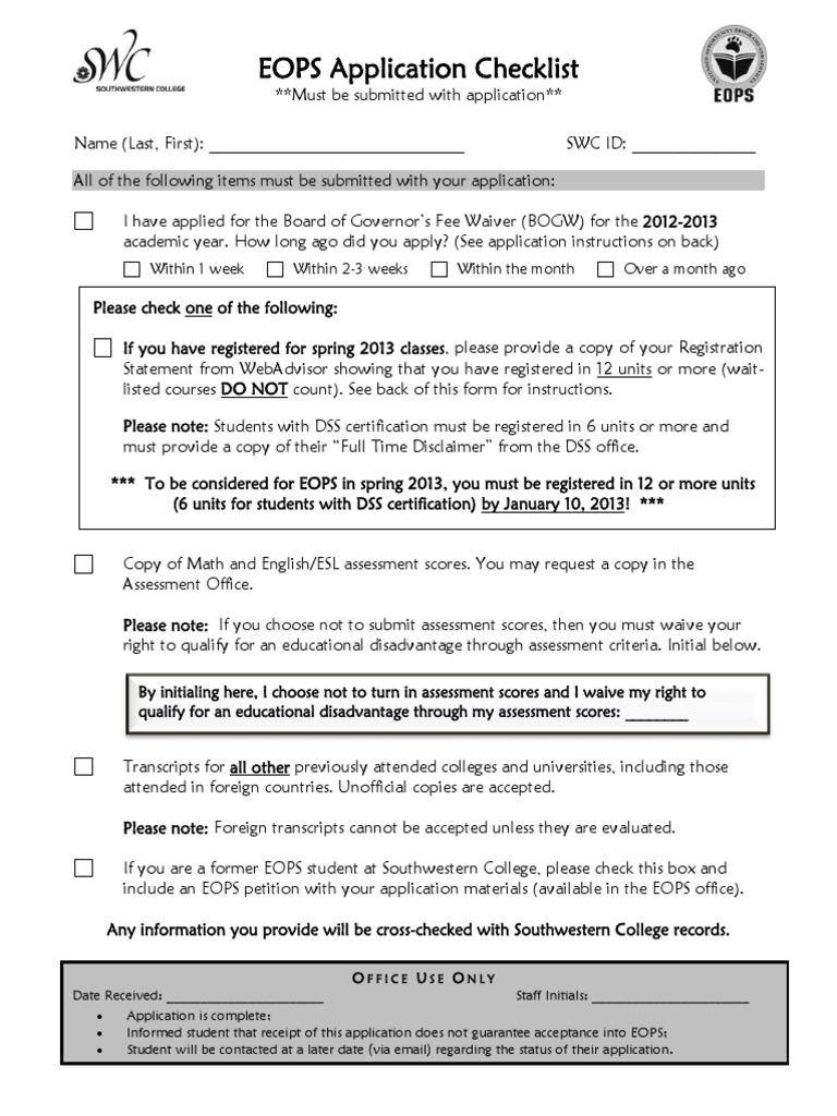 EOPS Application Checklist: Within 1 Week Within 2-3 Weeks Within The ...