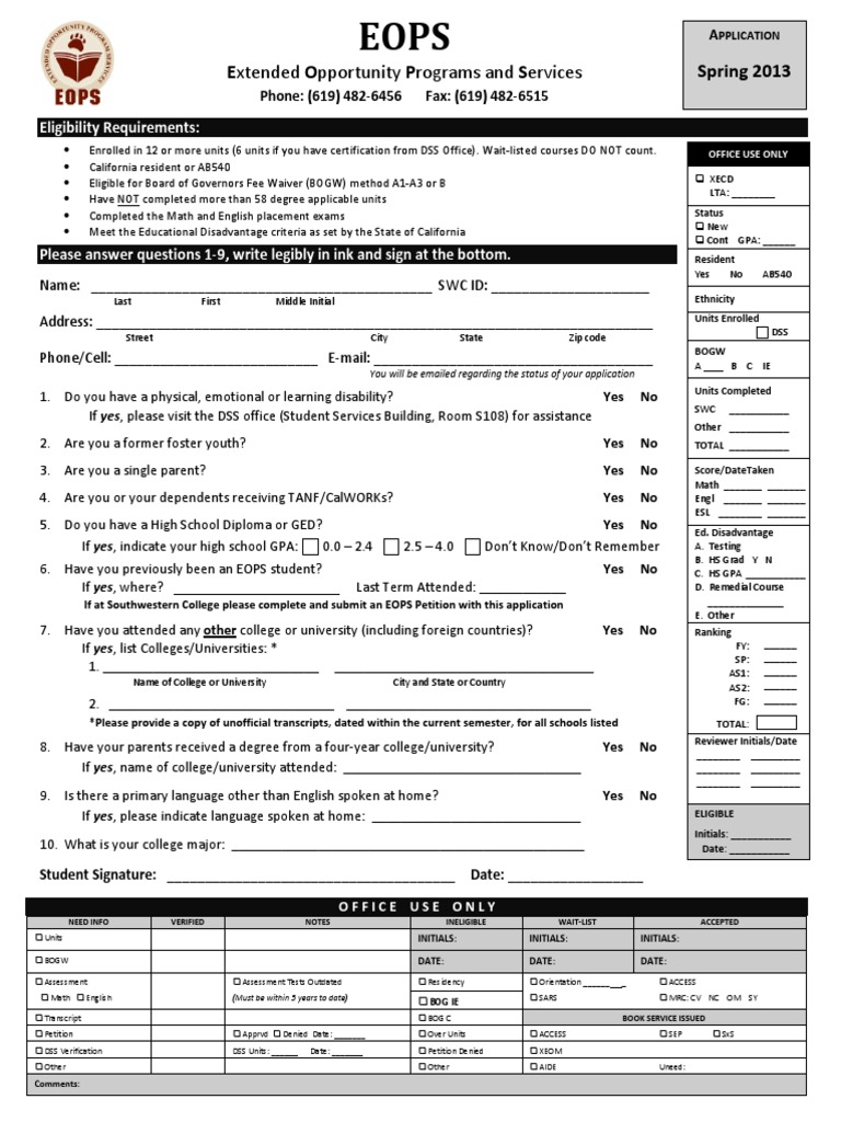 EOPS Application SP13 PDF | PDF | Educational Assessment And Evaluation | Learning