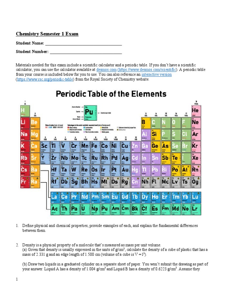 Chemistry Semester 1 Exam HC | PDF | Chemical Reactions | Density