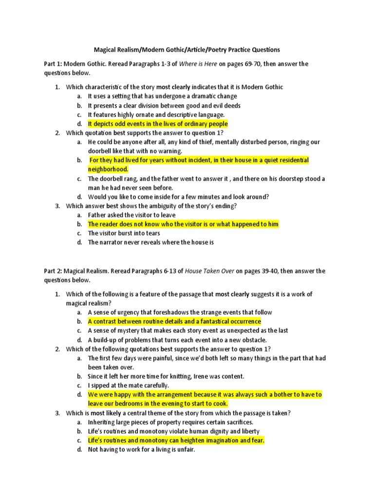 Magical Realism/Modern Gothic/Article/Poetry Practice Questions | PDF ...