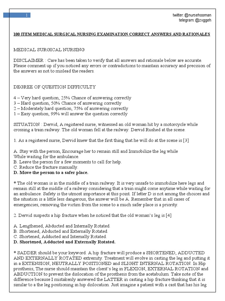 100 Item Medical Surgical Nursing Examination Correct Answers and ...