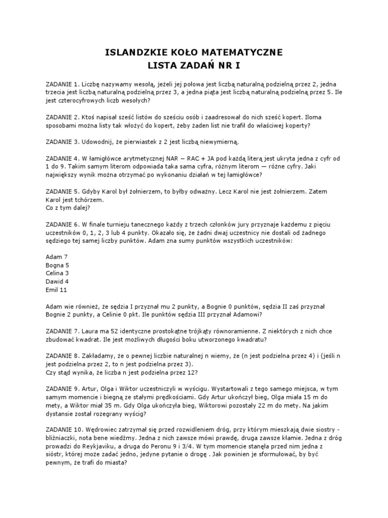 Matematyka Lista Zadan NR I | PDF