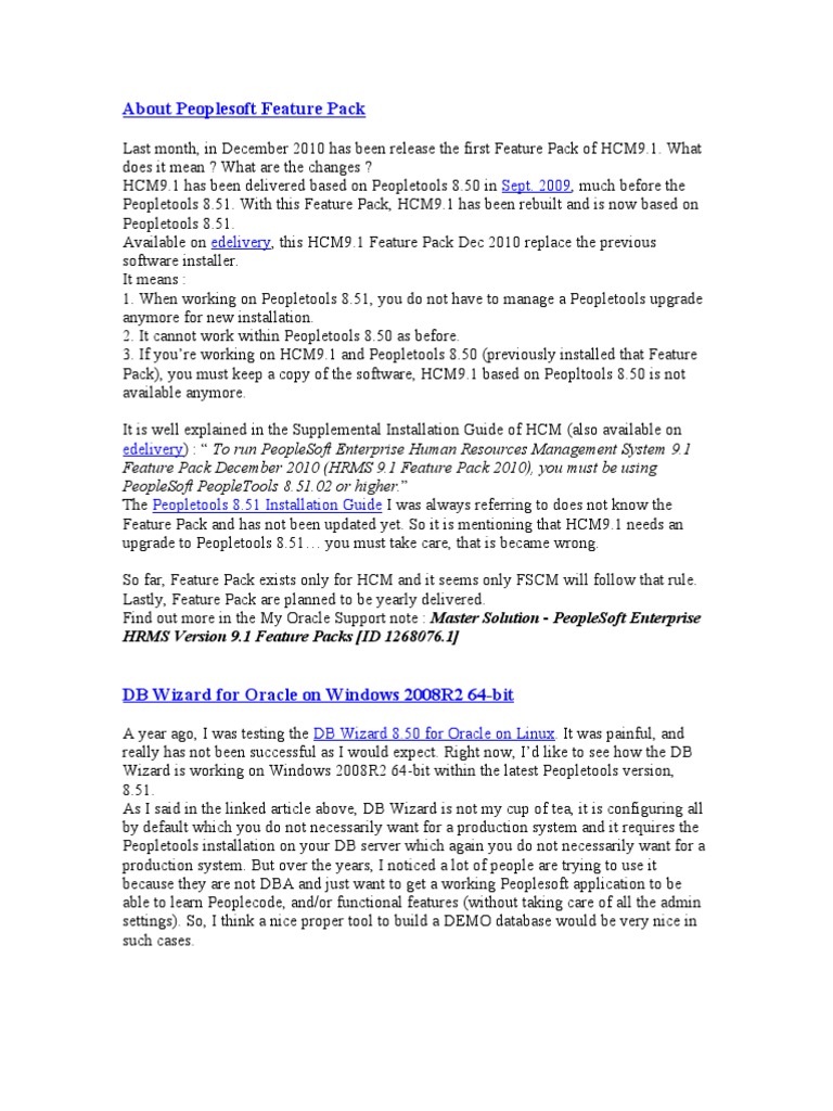 About Peoplesoft Feature Pack | PDF | Oracle Database | 64 Bit Computing