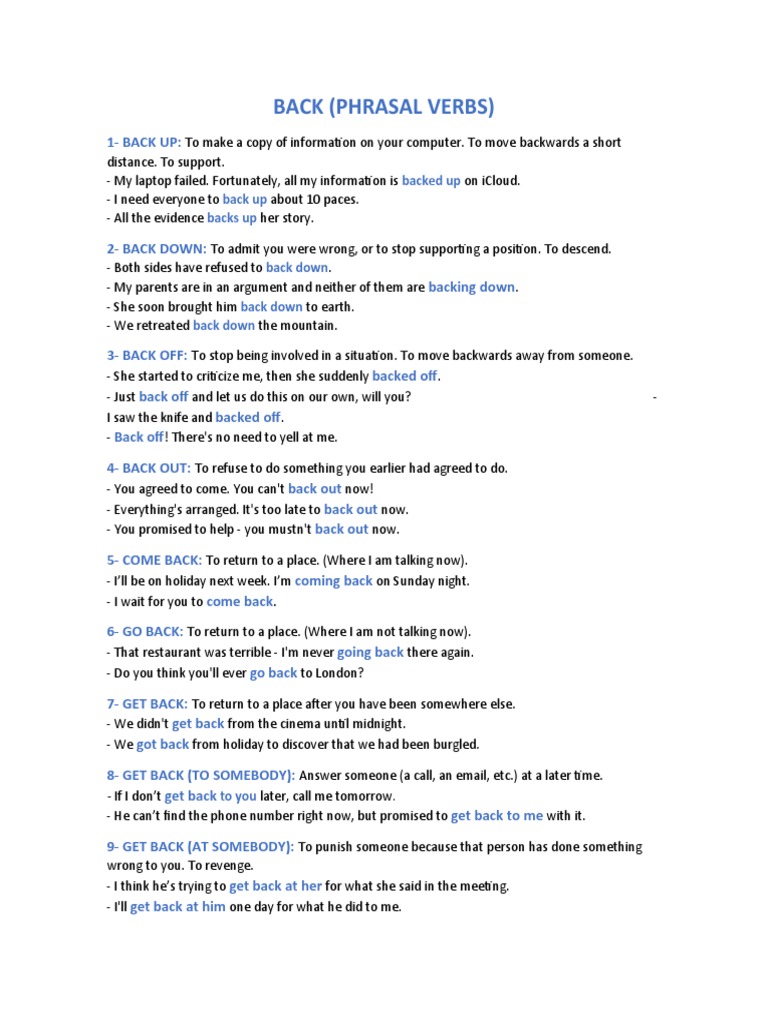 Back (Phrasal Verbs) : Backed Up Back Up Backs Up | PDF