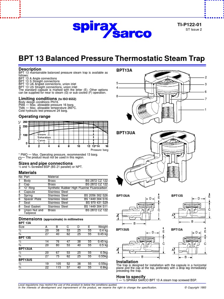 BPT 13 Balanced Pressure Thermostatic Steam Trap | PDF | Mechanical ...