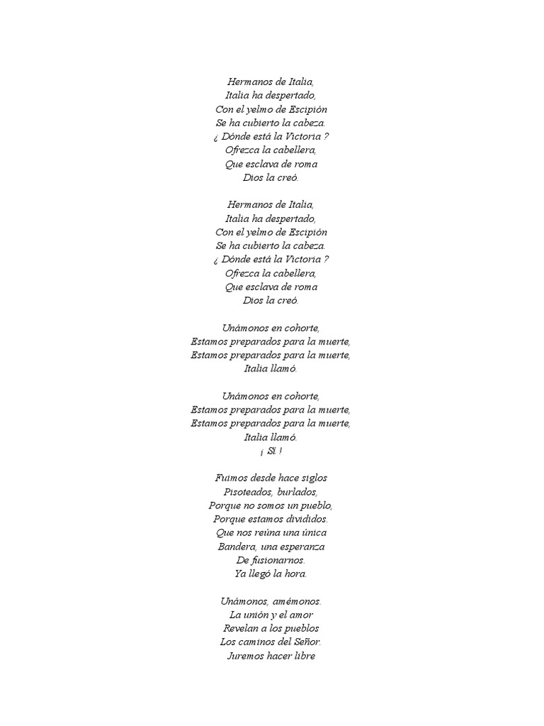 Letra de Fratelli D'italia. Himno Nacional de Italia | PDF