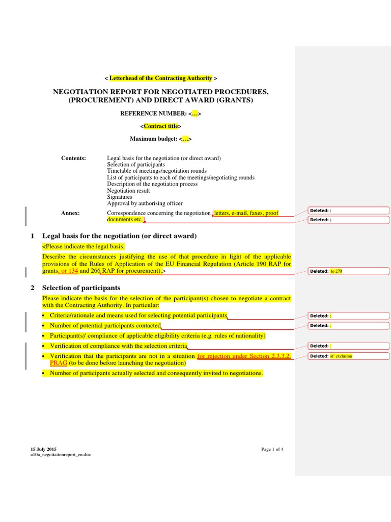 Negotiation Report For Negotiated Procedures, (Procurement) and Direct ...