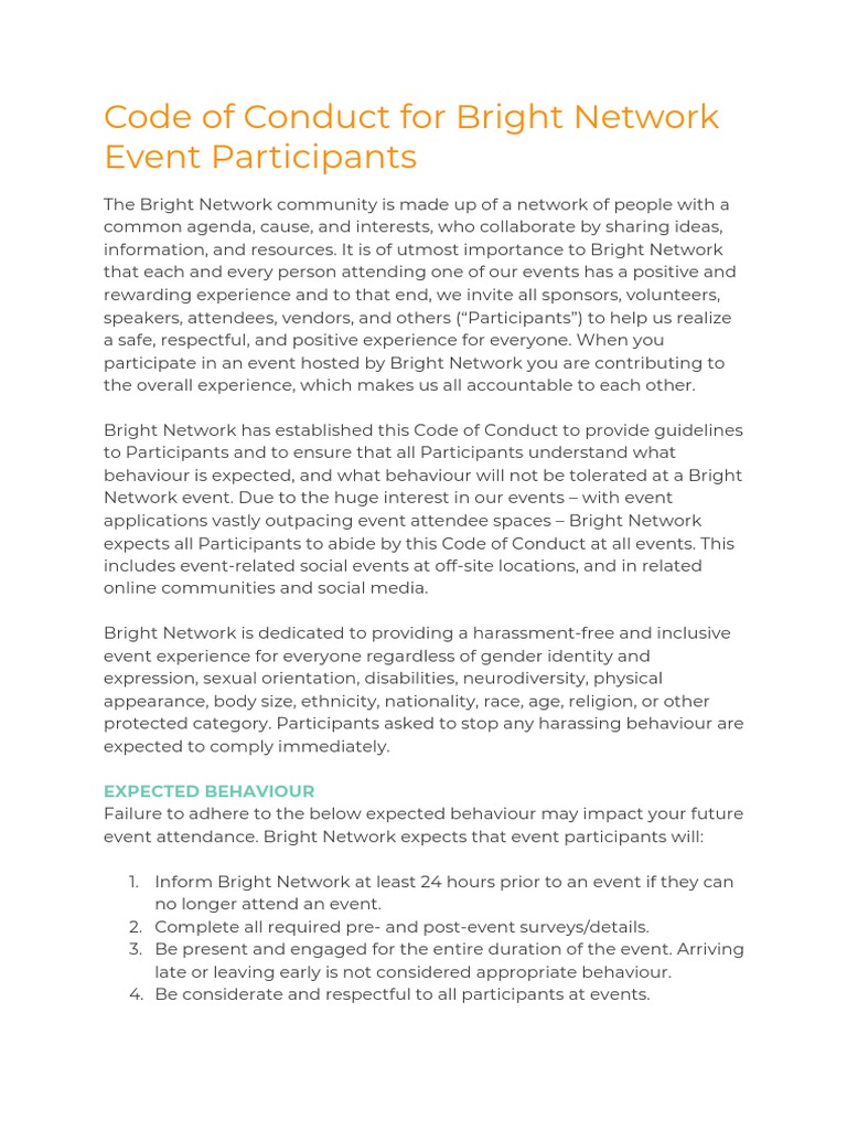 Code of Conduct For Bright Network Event Participants: Expected ...