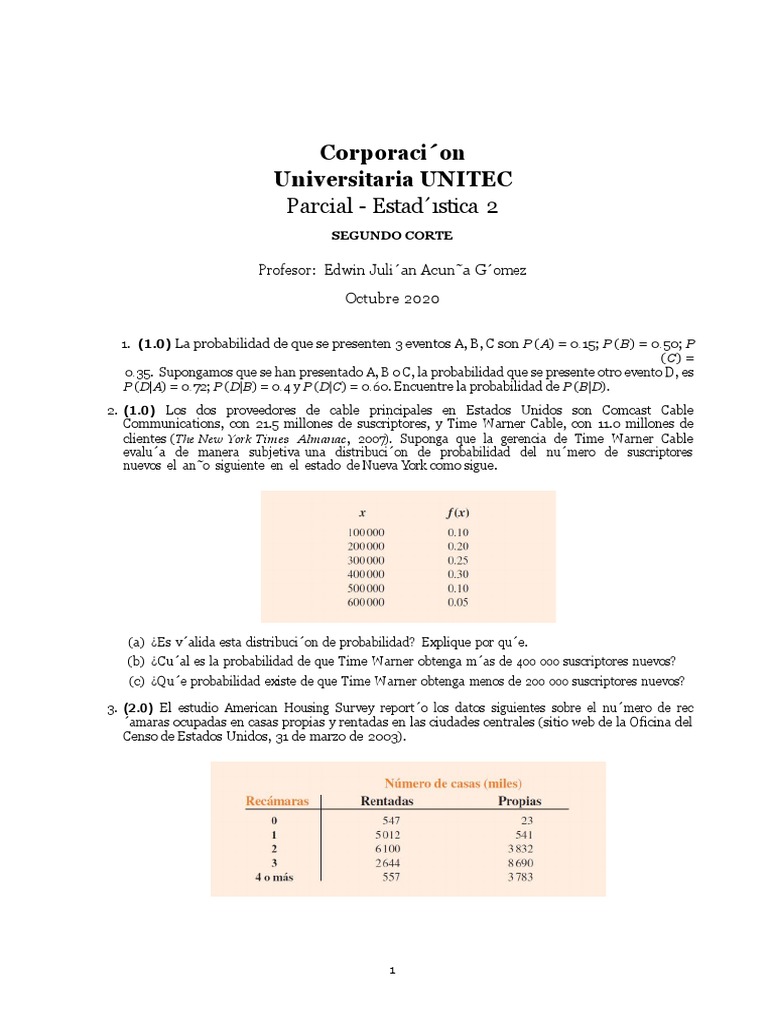 Parcial 2 - Estadística 2 UNITEC-20202 | PDF | Probabilidad | Variable aleatoria
