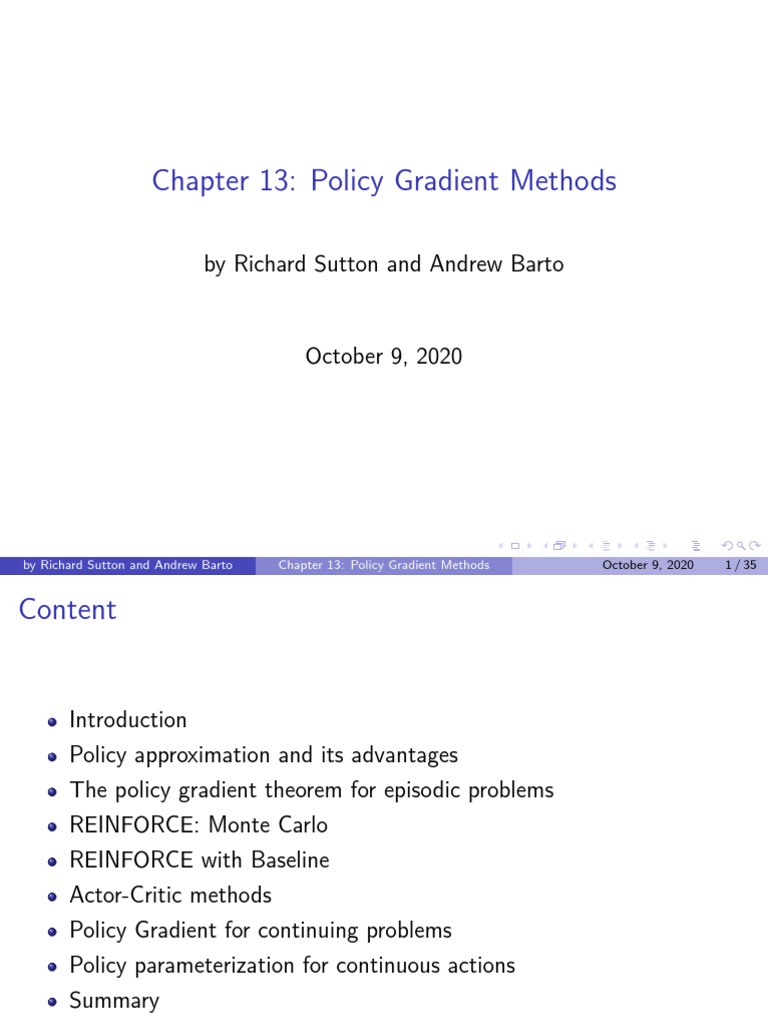 Chapter 13: Policy Gradient Methods: by Richard Sutton and Andrew Barto ...