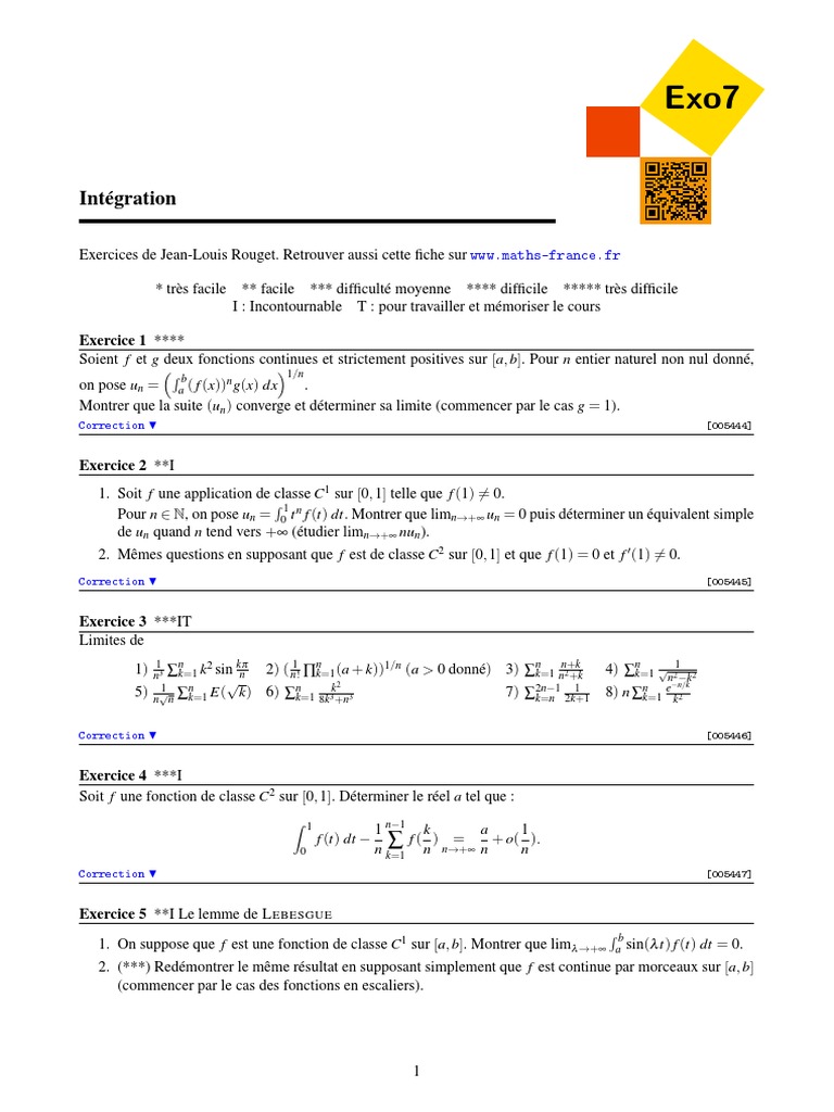Exercices d'Intégration Avancée Exo7 | PDF | Limite (mathématiques) | Extremum