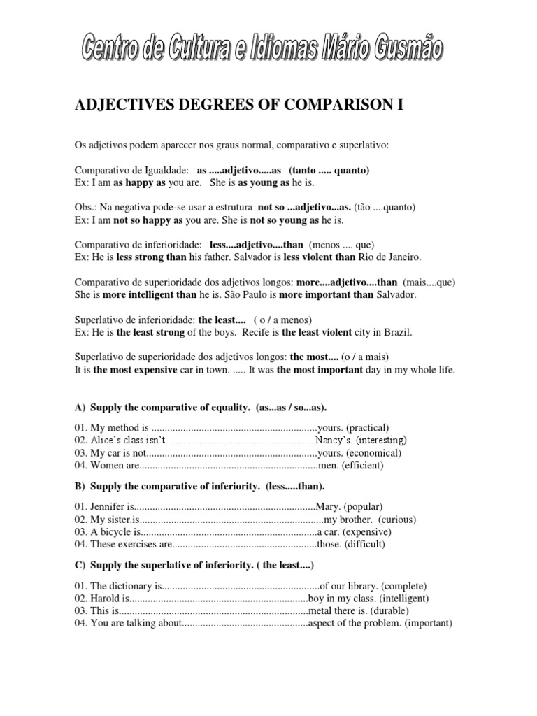 Adjectives Degrees of Comparison I: A) Supply The Comparative of ...