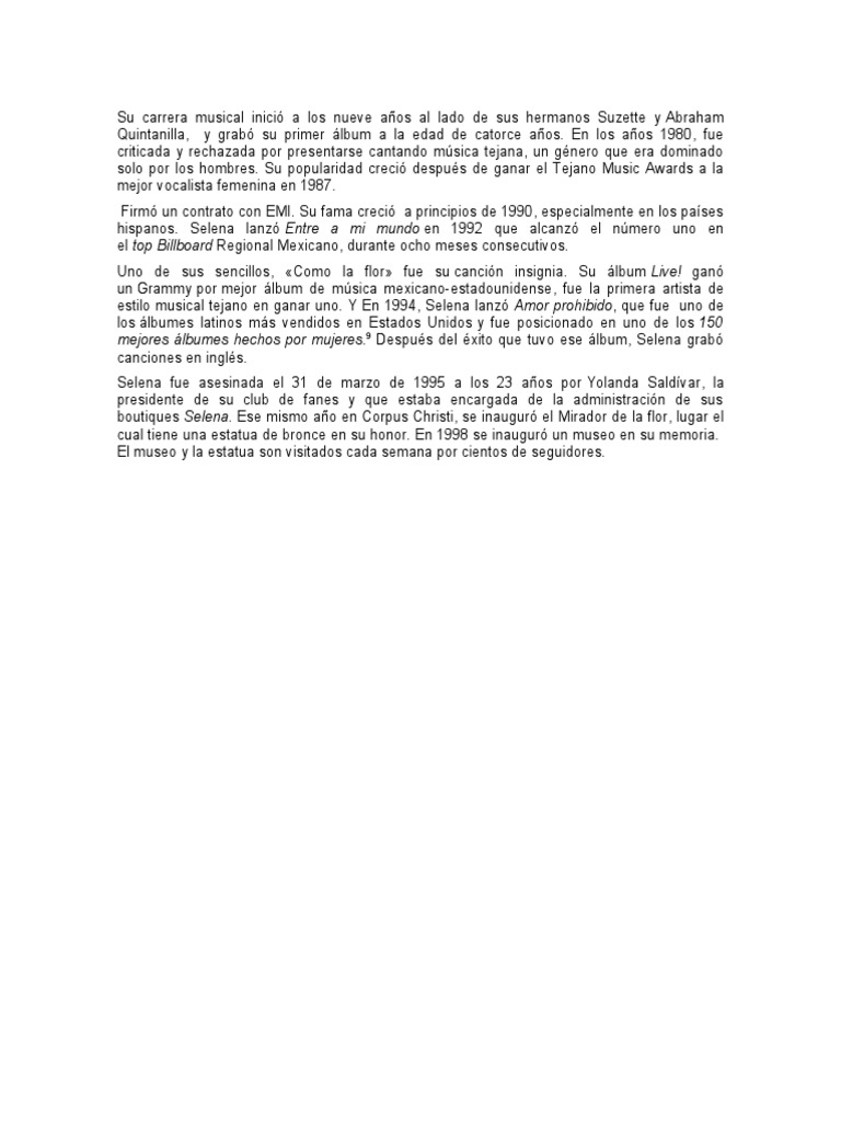 Biografia Selena Quintanilla | PDF | Premio de entretenimiento ...
