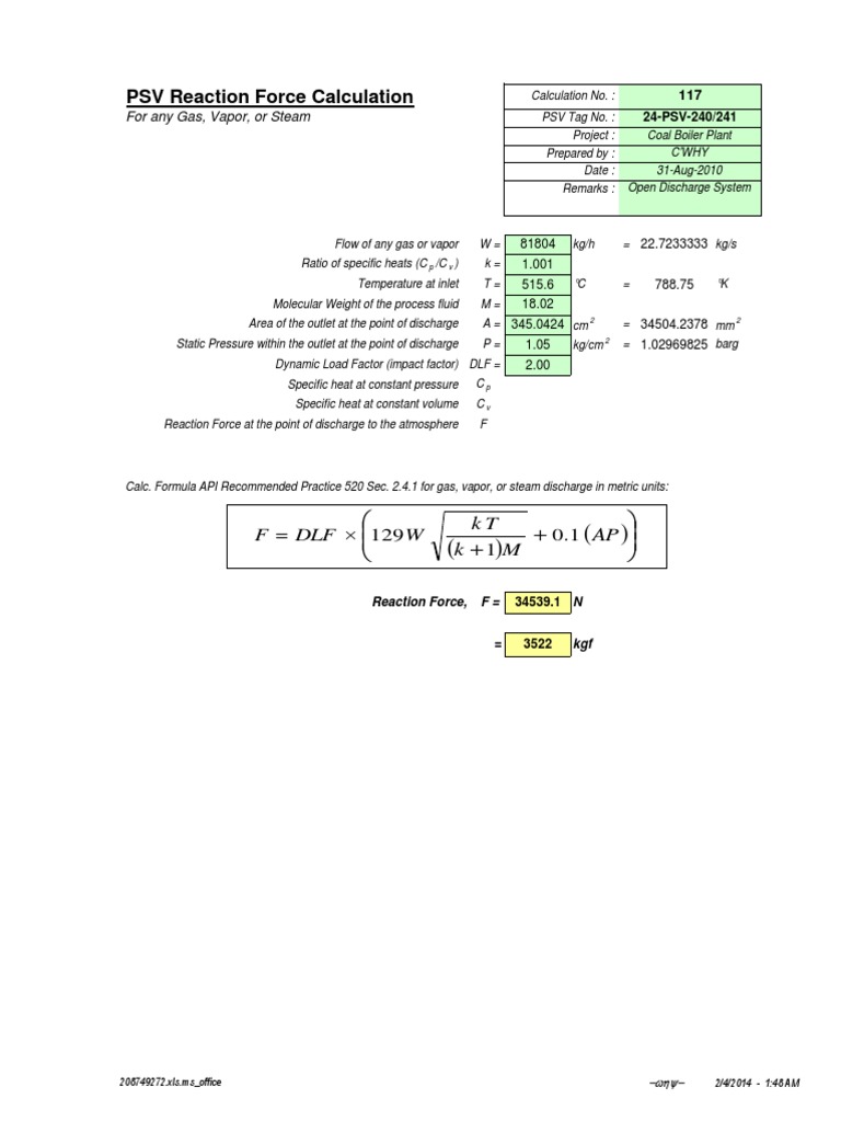 PSV Reaction Force Calculation: For Any Gas, Vapor, or Steam | PDF ...