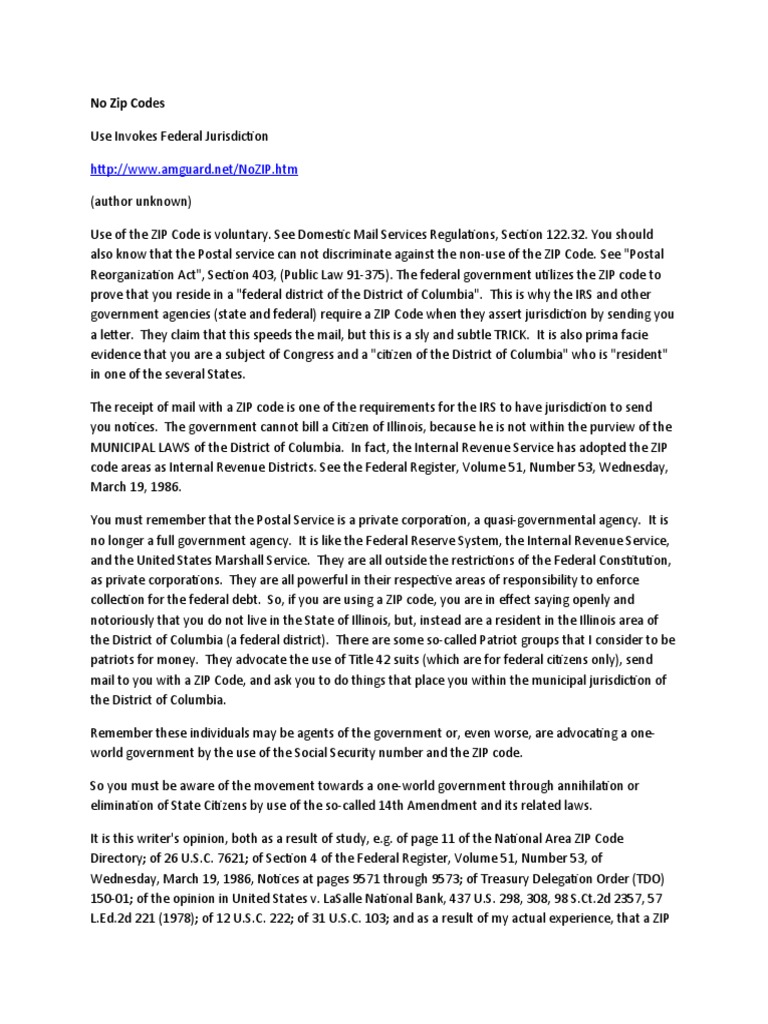 No Zip Codes Invokes Federal Jurisdiction | PDF | Internal Revenue ...
