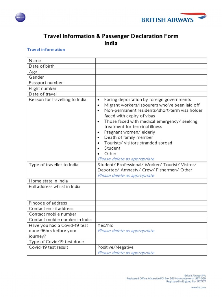 Travel Information & Passenger Declaration Form India | PDF | Travel ...