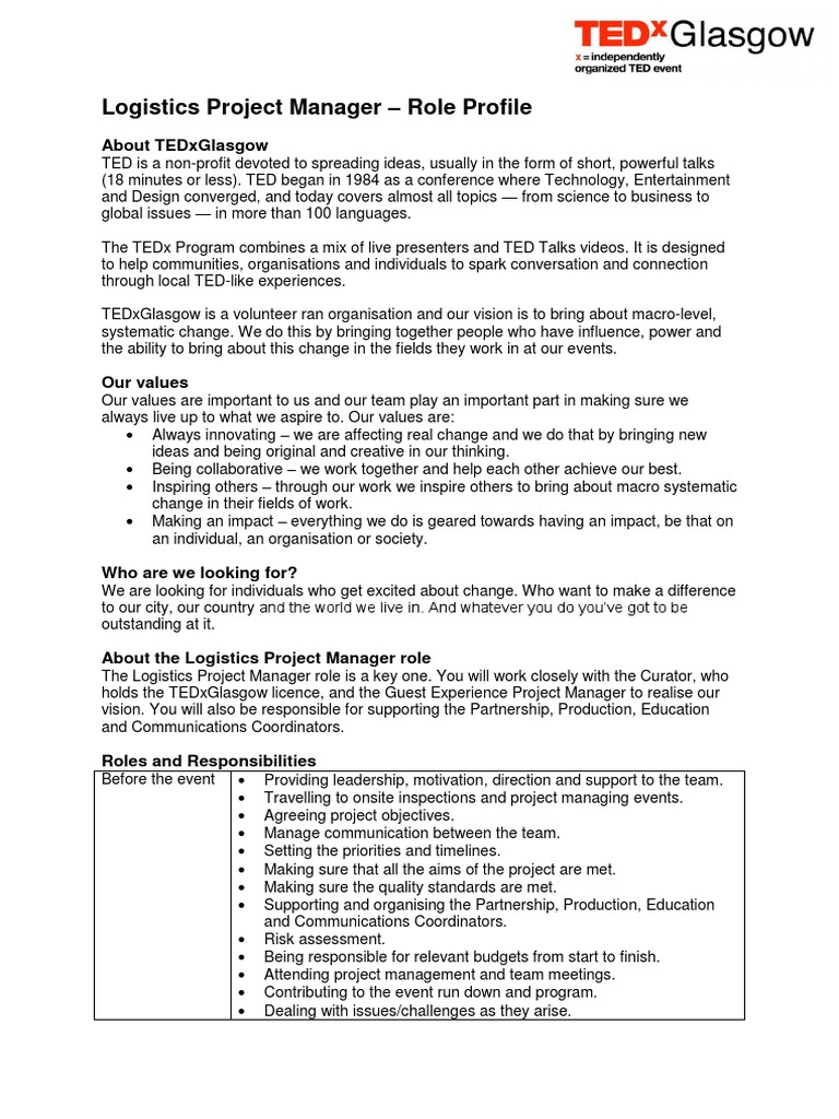 Sample Logistics Project Manager Job Description | Download Free PDF ...