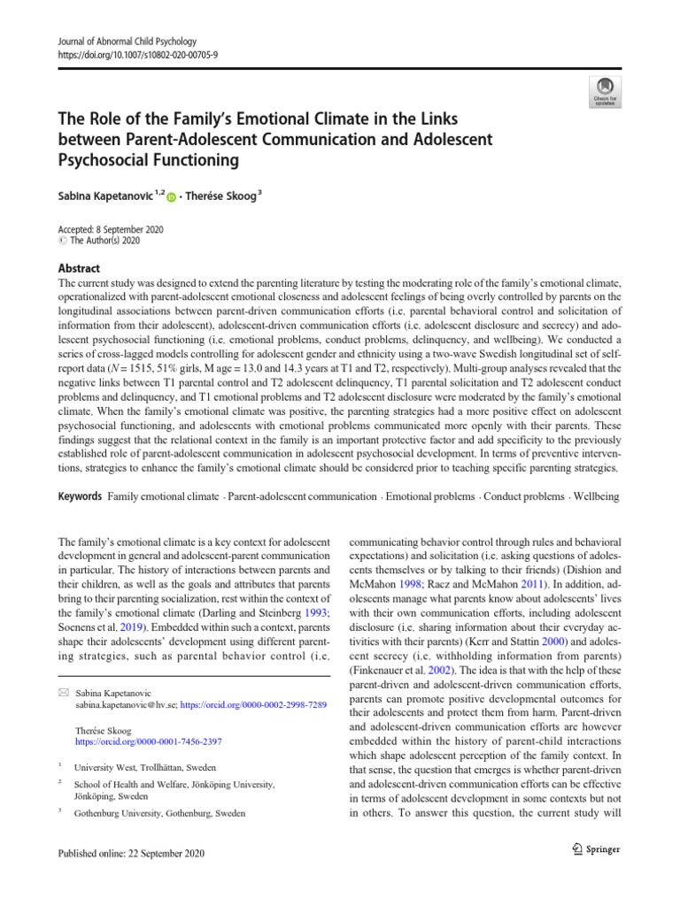 The Role of The Family 'S Emotional Climate in The Links Between Parent ...