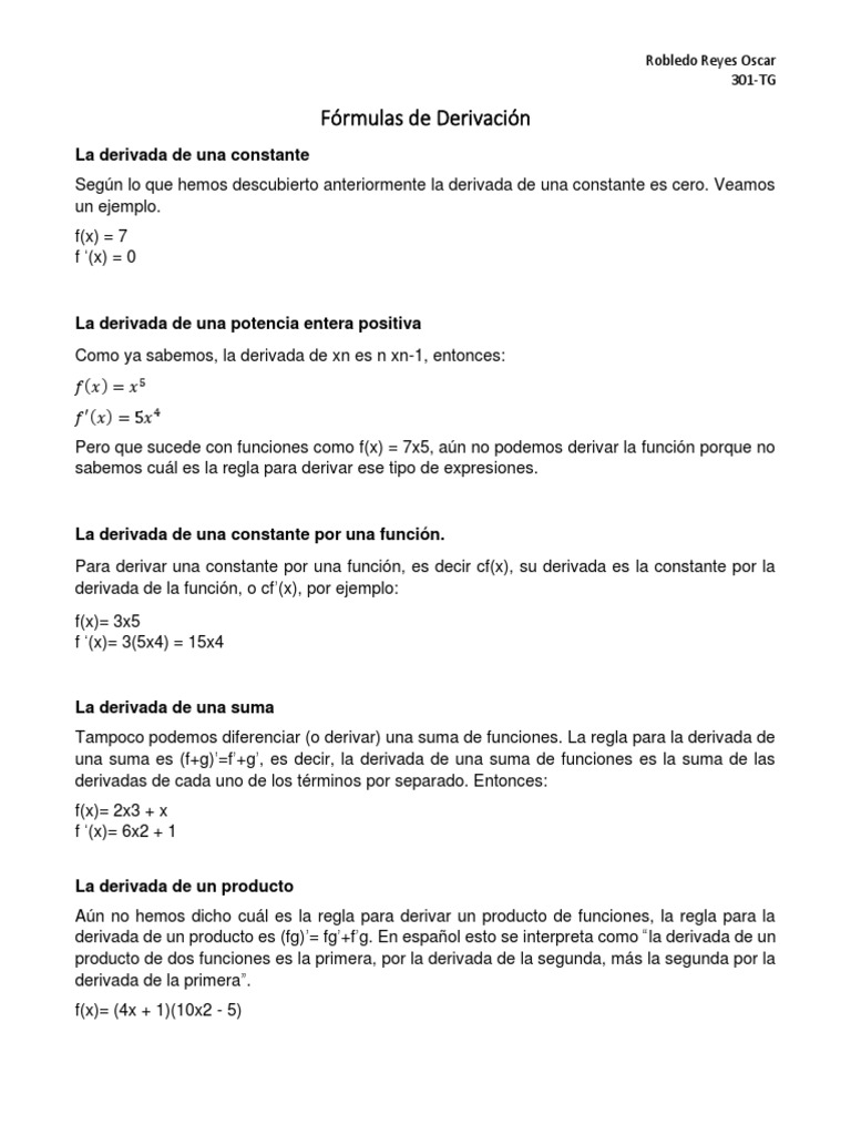 Fórmulas de Derivación | PDF | Derivado | Calculo diferencial