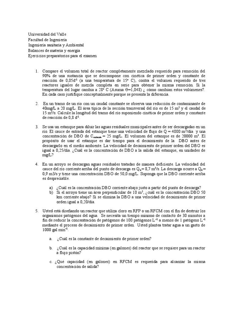 Ejercicios Reactores 2019-2020 | PDF | Reactor Quimico | Concentración