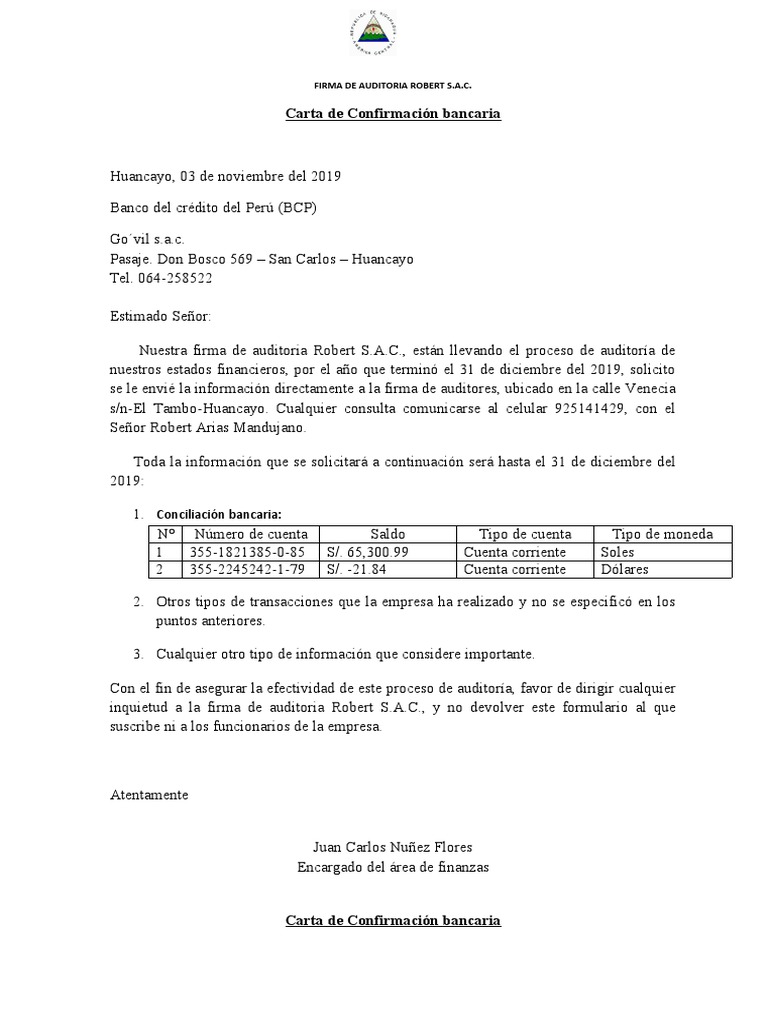 Cartas confirmación bancaria proveedores | PDF | Auditoría financiera ...
