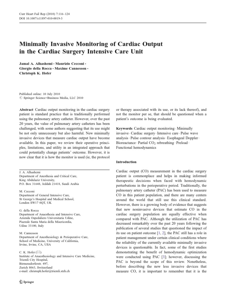 .Minimally Invasive Monitoring of Cardiac Output in The Cardiac Surgery Intensive Care Unit ...