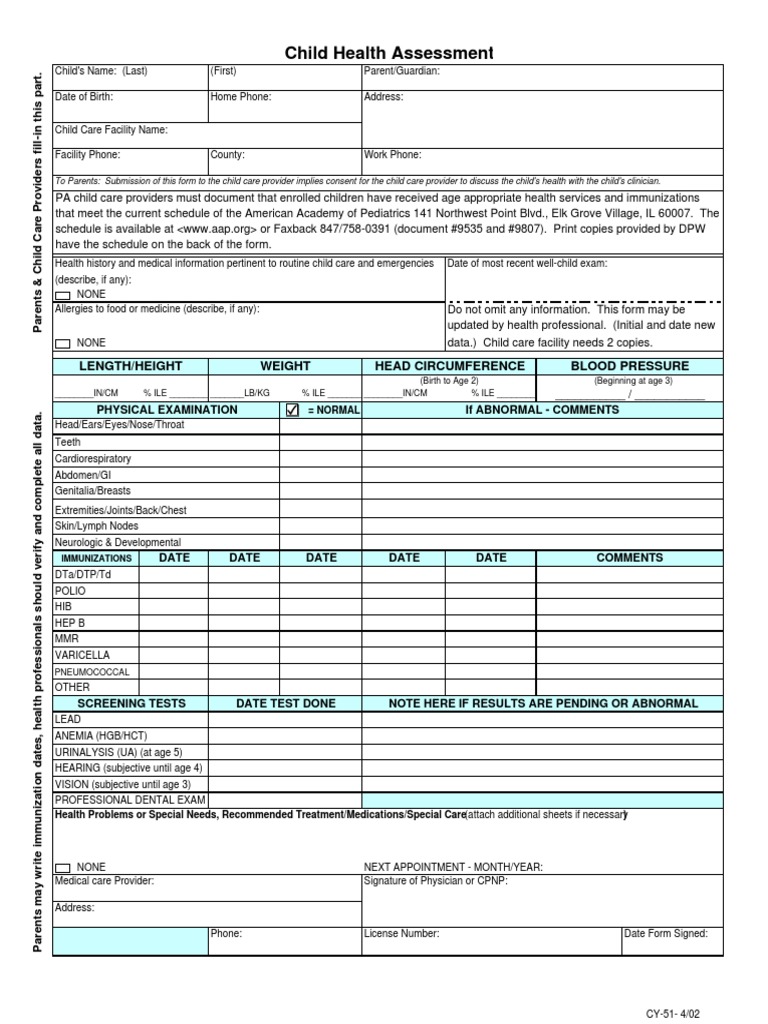 Child Health Assessment Form PDF | PDF | Physical Examination | Medicine