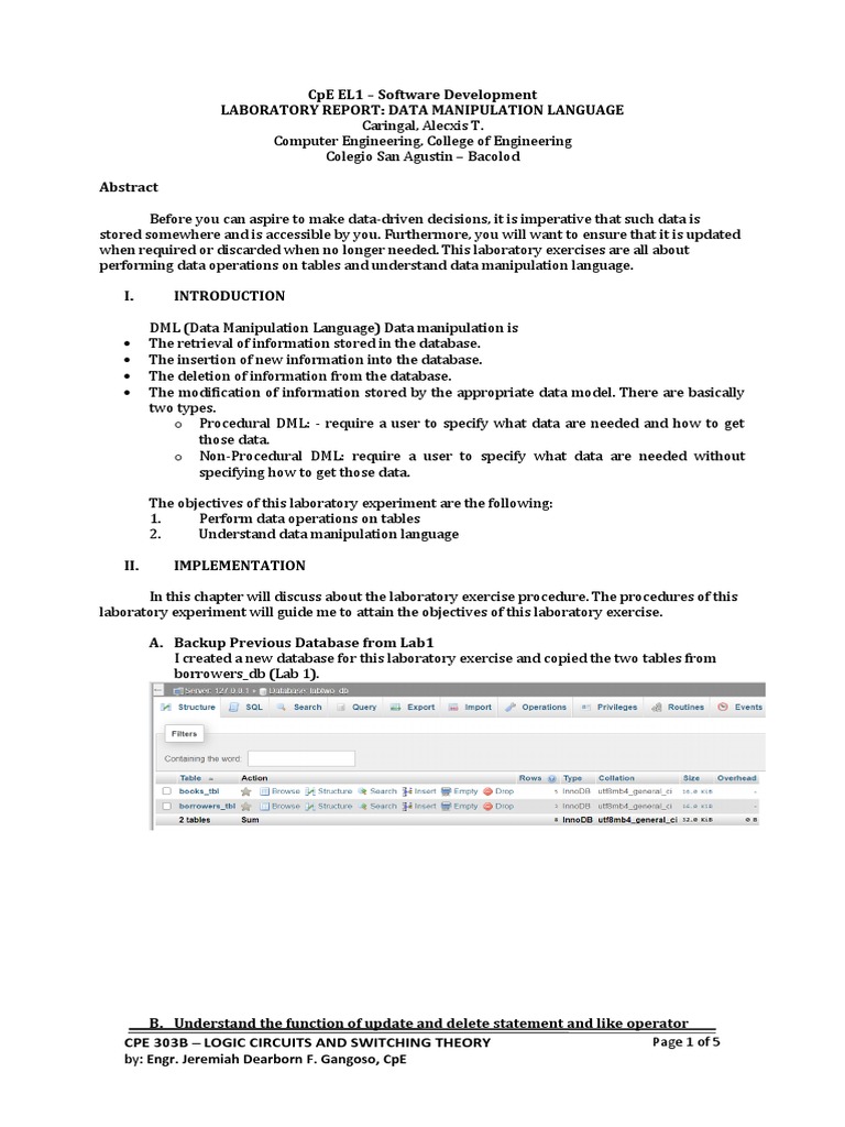 Cpe El1 Data Manipulation | PDF | Databases | Sql