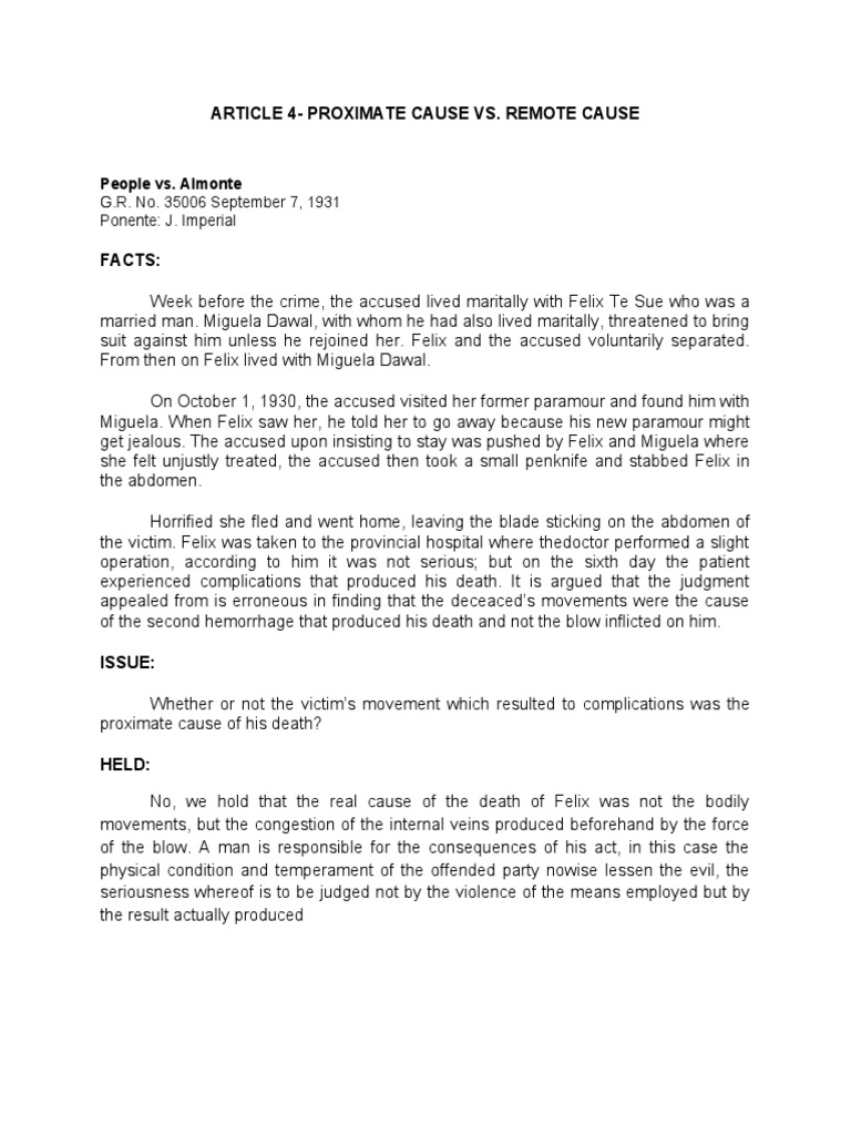 Proximate Cause vs. Remote Cause in Philippine Criminal Cases | PDF ...