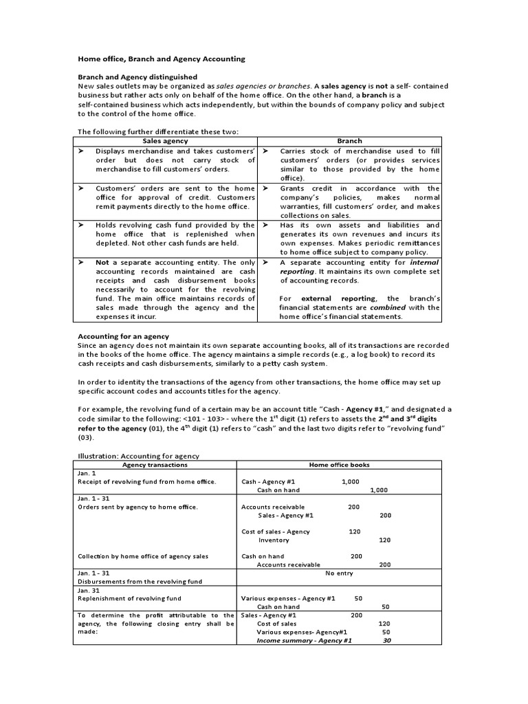 Home Office, Branch and Agency Accounting | PDF | Debits And Credits ...