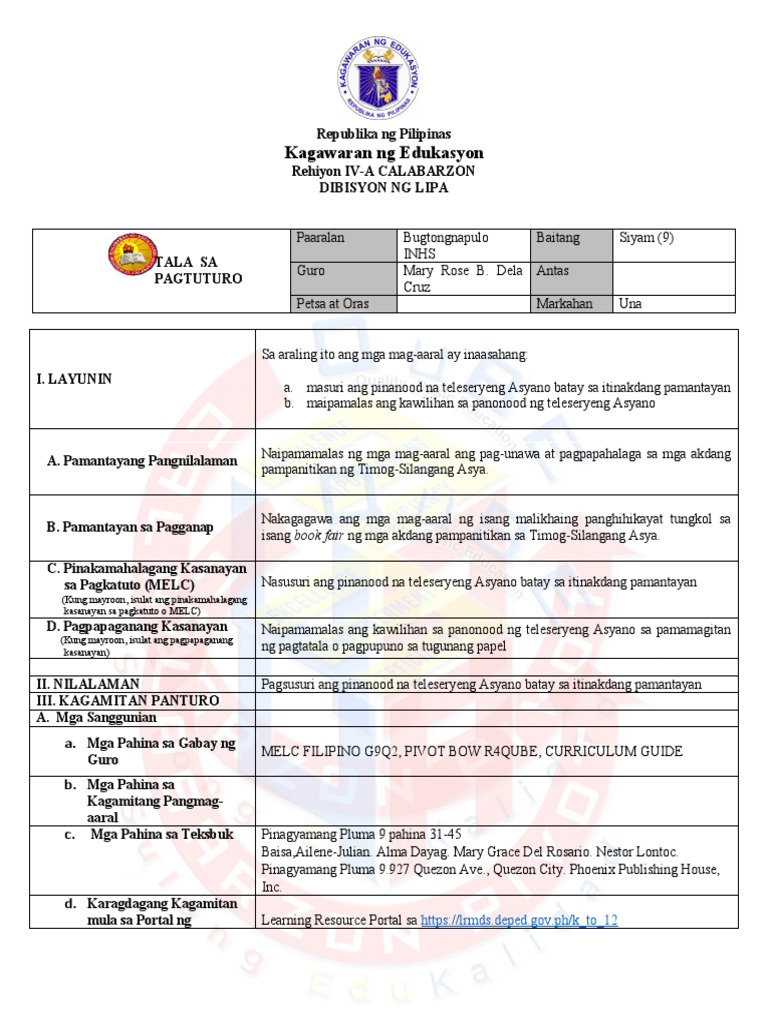 Lesson Exemplar Filipino 9 MELC 11 | PDF