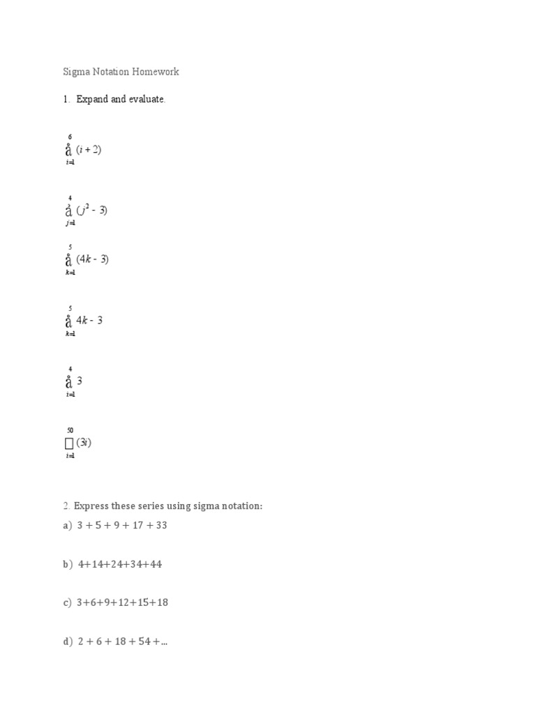 Expand and Evaluate.: Sigma Notation Homework | PDF