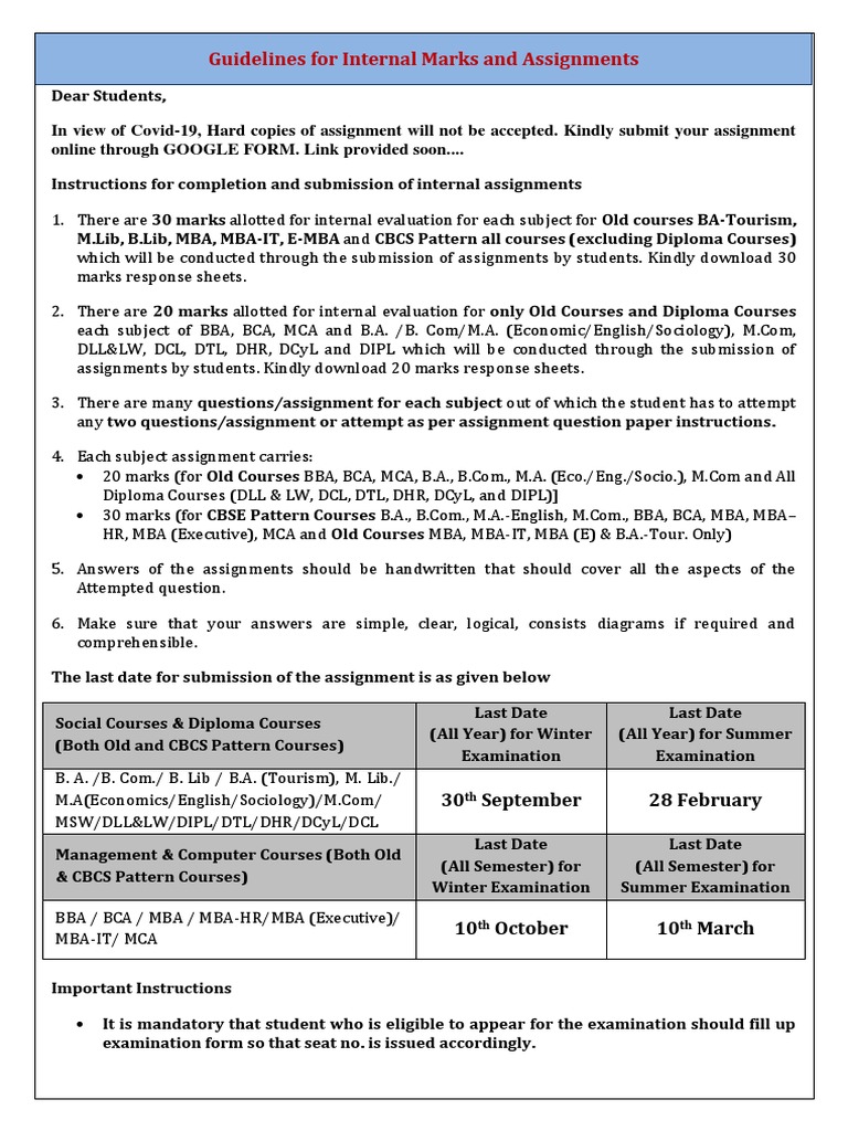 Guidelines For Internal Marks and Assignments-2020-1 | PDF ...