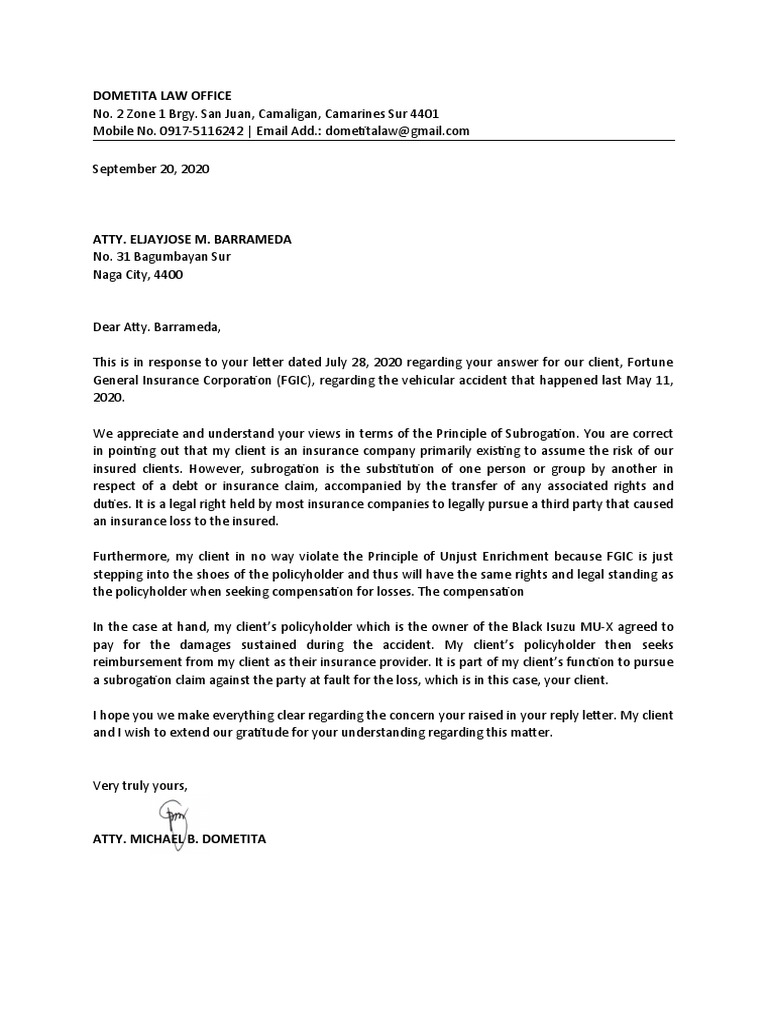 Legal Writing - Reply Letters | PDF | Subrogation | Insurance