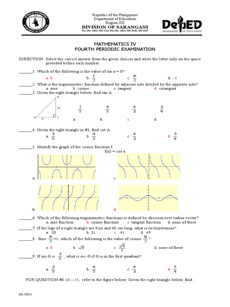 Exam - Trigo - Math4 - 4thperiodic | PDF | Trigonometric Functions | Sine