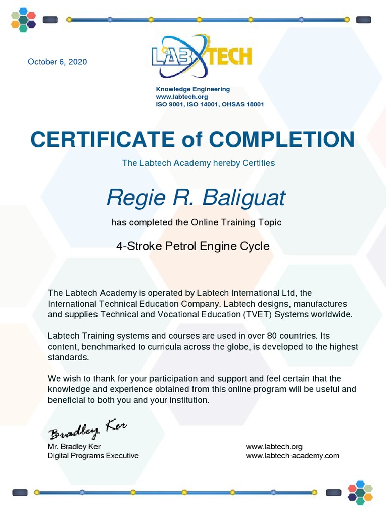 Completion Certificate for 4-Stroke Engine | PDF