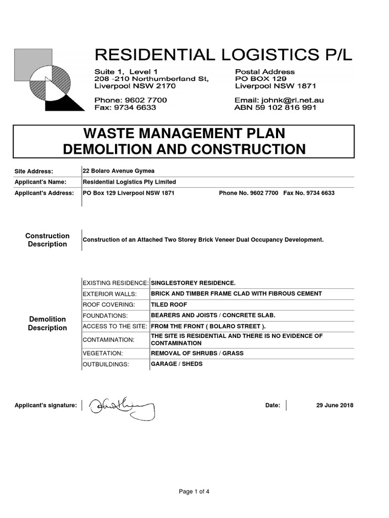 DA180793 Waste Management Report - (A5298548) | PDF | Demolition ...