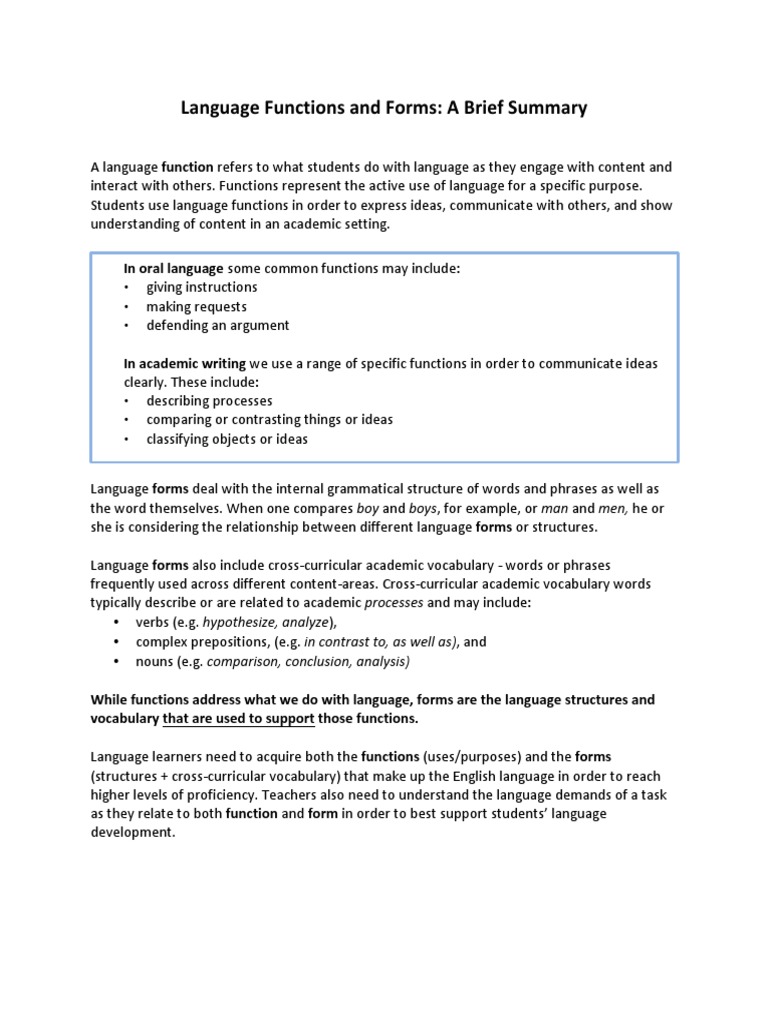 Language Functions and Forms: A Brief Summary | PDF | Verb | Adverb