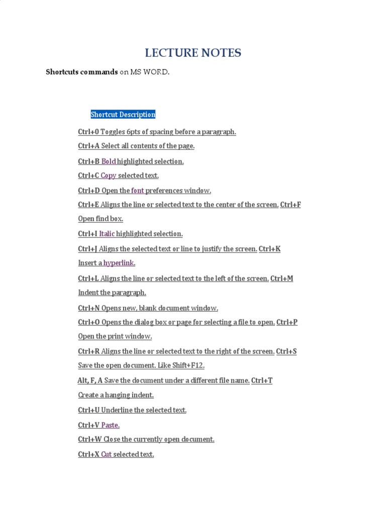 LECTURE NOTES Word Shortcut Keys | PDF | Text | Typography