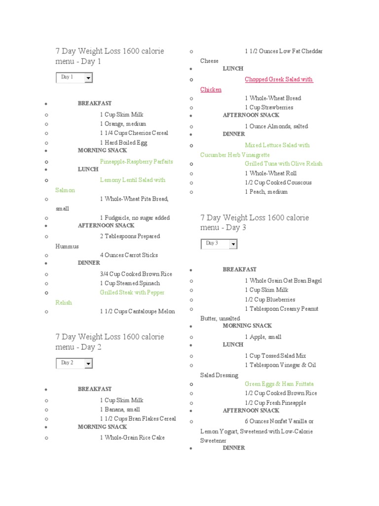 7 Day Weight Loss 1600 Calorie Menu | PDF | Salad | Foods