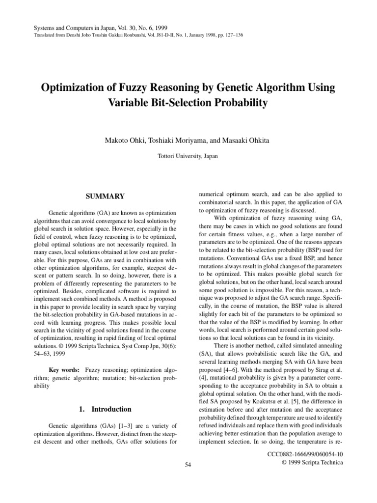 Optimization of Fuzzy Reasoning by Genetic Algorithm Using Variable Bit-Selection Probability ...