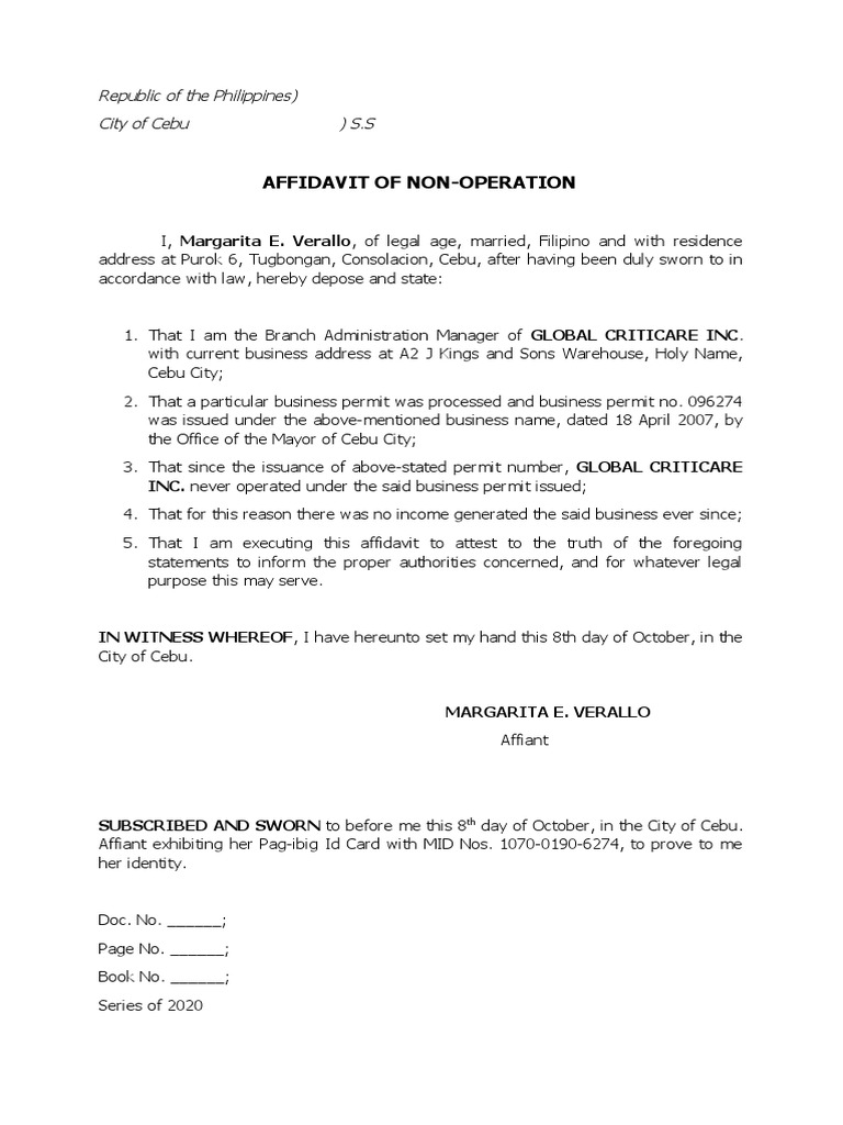 Affidavit of No Operation - Sis Gig | PDF