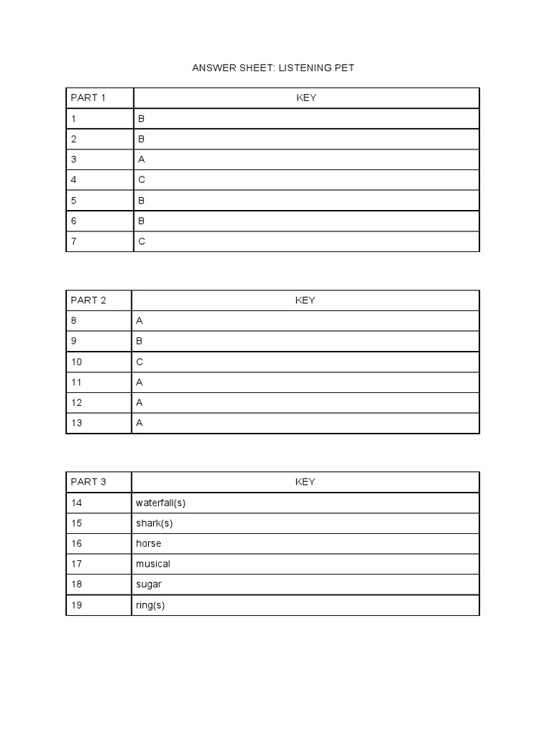 Listening PET Answer Sheet Keys | PDF