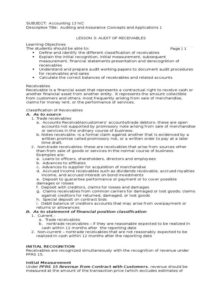 Audit of Receivable PDF | PDF | Bad Debt | Debits And Credits Audit of Receivable PDF | PDF | Bad Debt | Debits And Credits
