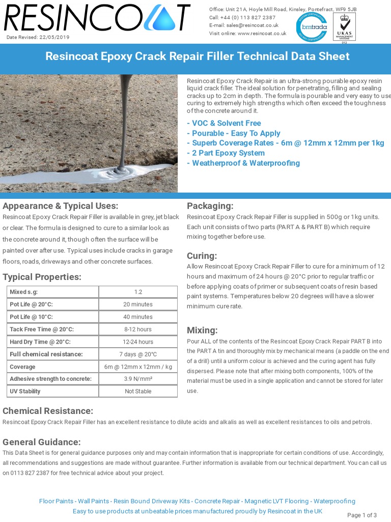 Resincoat Epoxy Crack Repair Filler Technical Data Sheet: Appearance ...