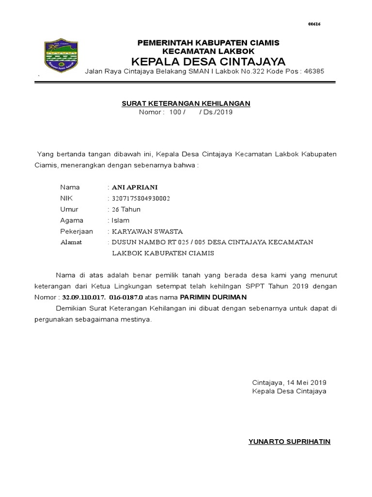 Surat Kehilangan SPPT | PDF