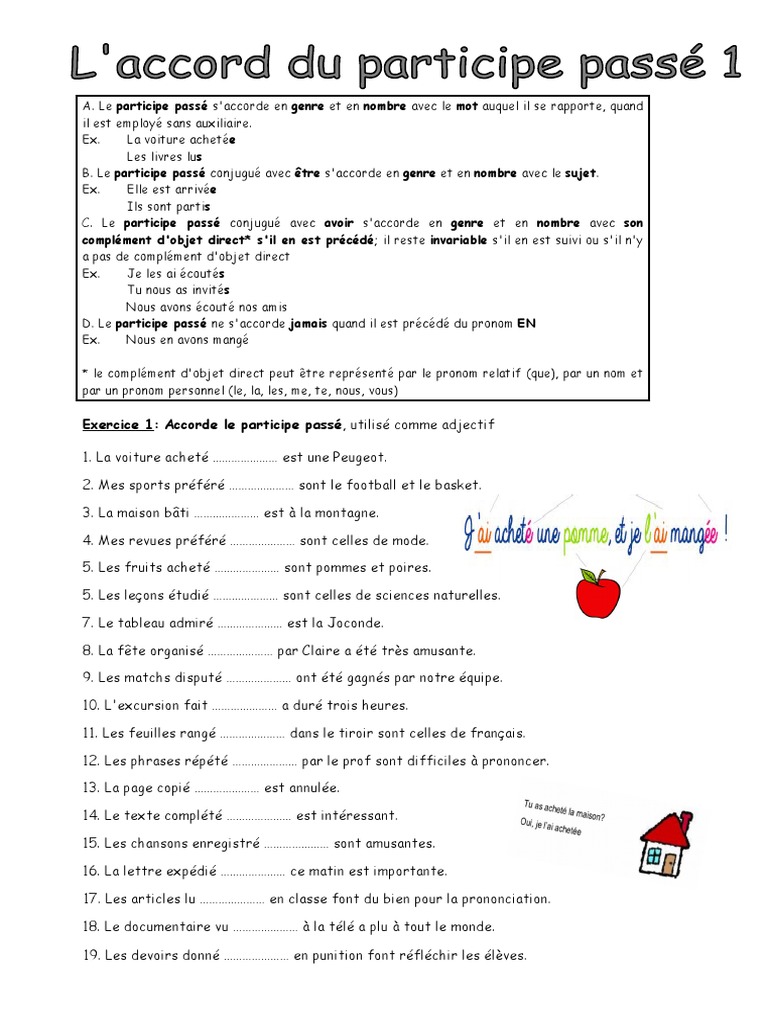 1, Accord Participe Passe Exercice Grammatical Feuille Dexercices Fiche ...