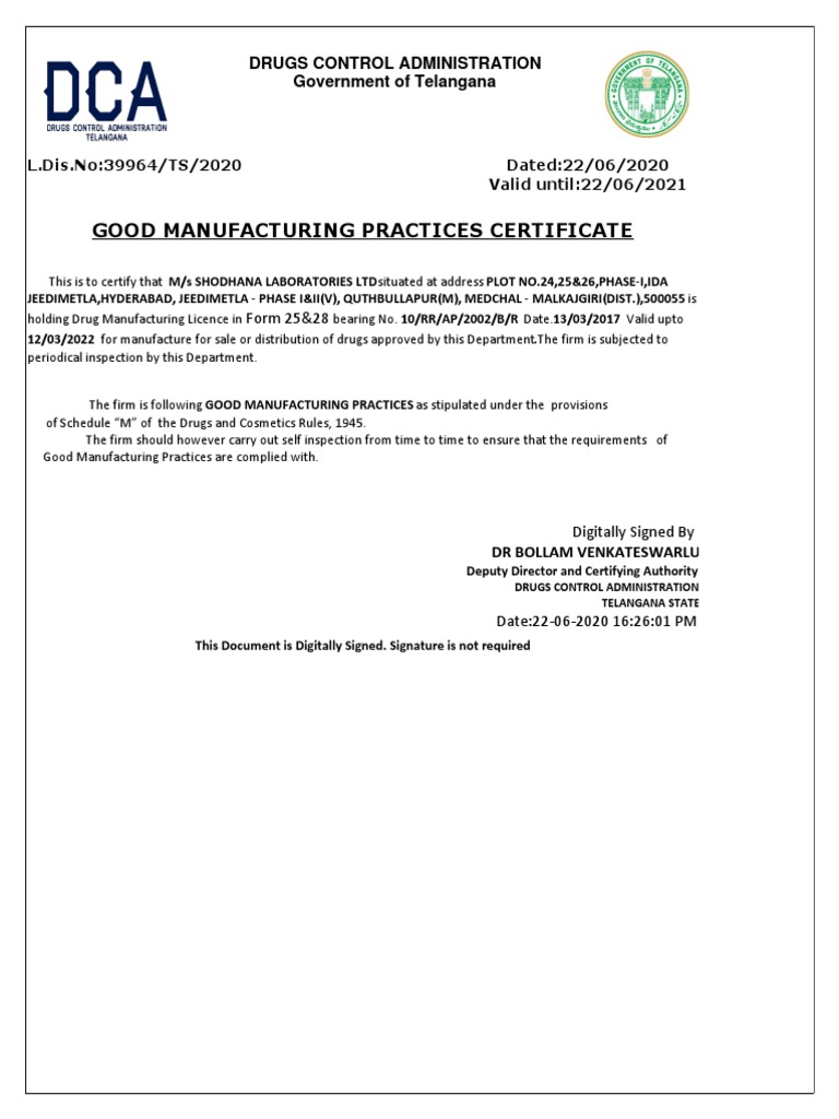 Telangana GMP Certificate for Shodhana Labs | PDF | Finance & Money ...