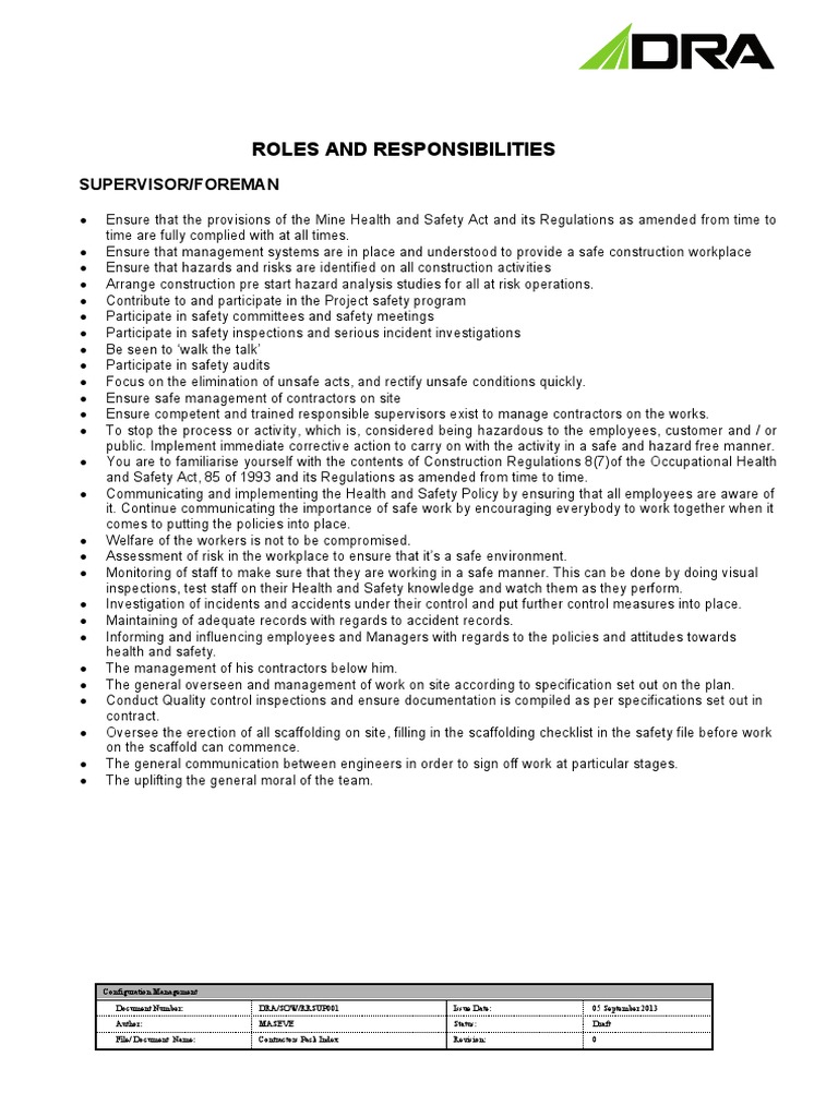 Roles and Responsibilities Supervisor | PDF | Occupational Safety And ...