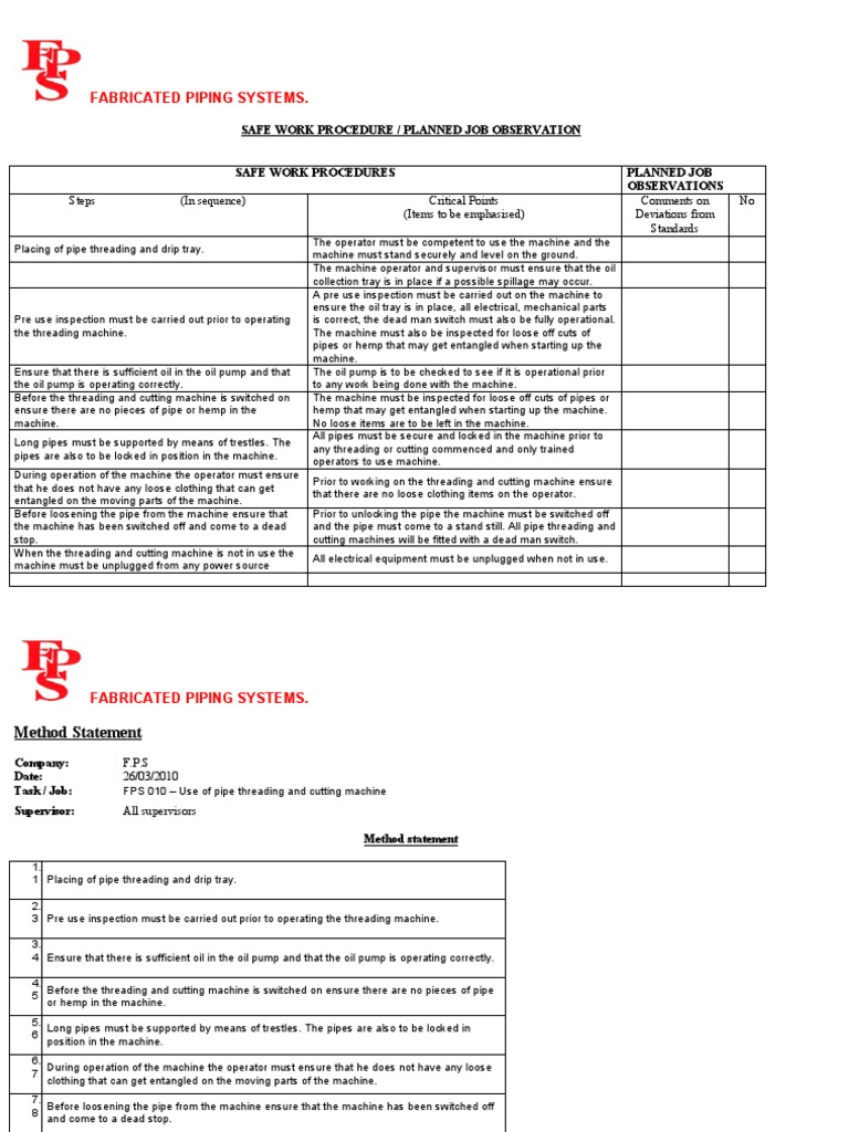 FPS 010 - Use of Pipe Threading and Cutting machineREV1 | PDF | Pipe ...